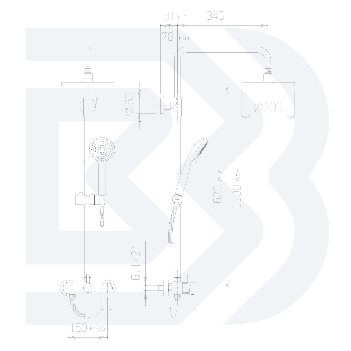 External single lever shower mixer with shower column, inox shower head ...